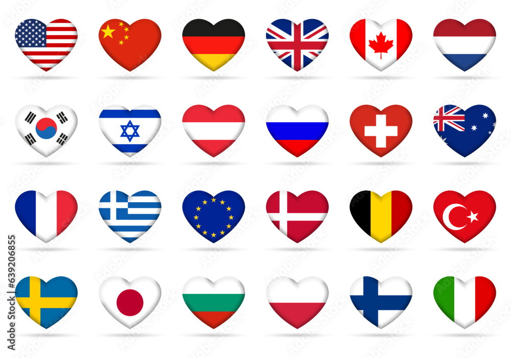 Flag icon or logo set. Heart shape flags. National symbols of the world ...