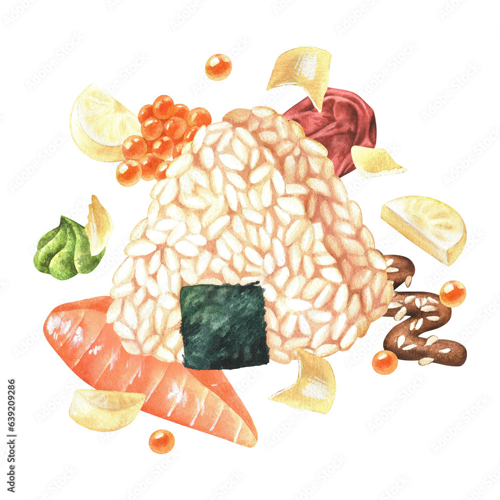 Onigiri Japanese Food. Watercolor illustration Isolated on a white ...