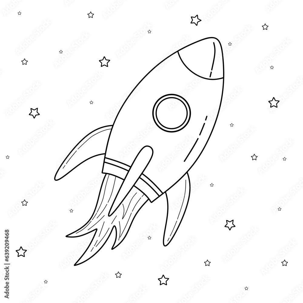 Sketch Rocket ship and stars. Hand drawn space rocket in stars sky ...