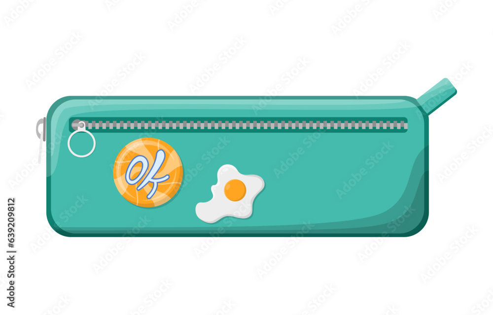 Modern school pencil case with pin badges. Back to school and education ...