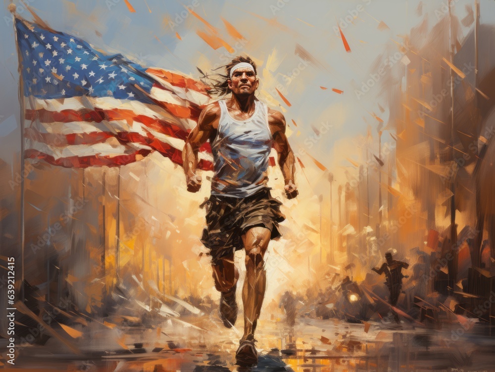 Artistically captured, a runner crosses a marathon finish line draped ...