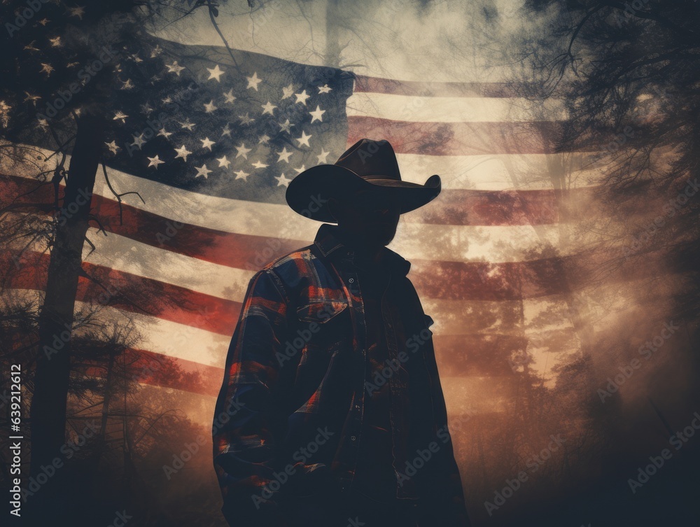 The silhouette of a cowboy merges with the American flag, intertwining ...