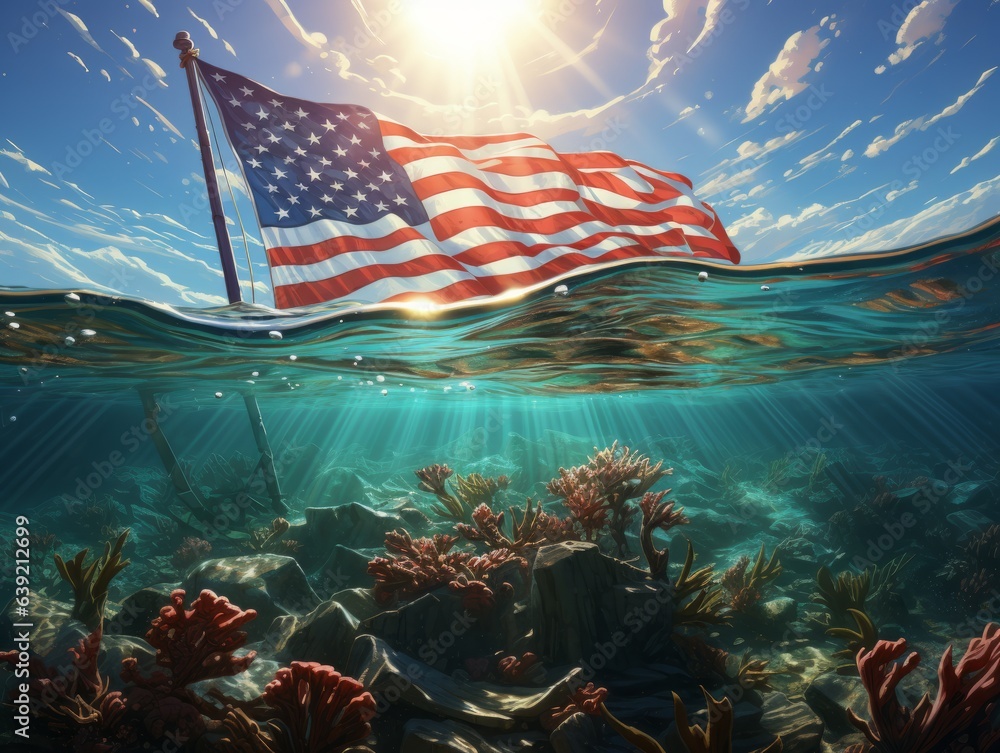 Hovering over clear azure waters, the American flag casts a shadow on a ...