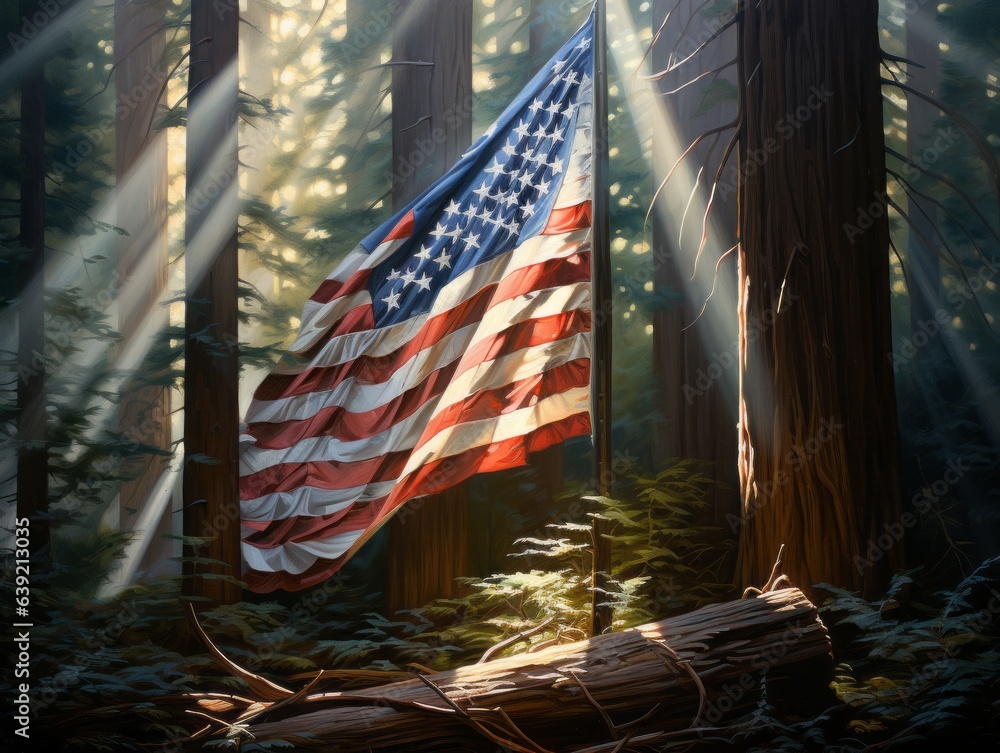 Nestled between two ancient redwood trees, the American flag stands as ...