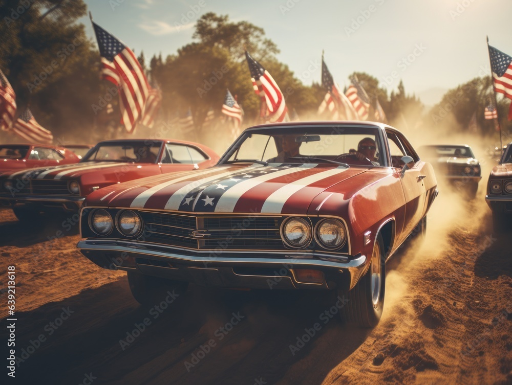 A 1960s car rally showcases vibrant American flags, evoking nostalgia ...