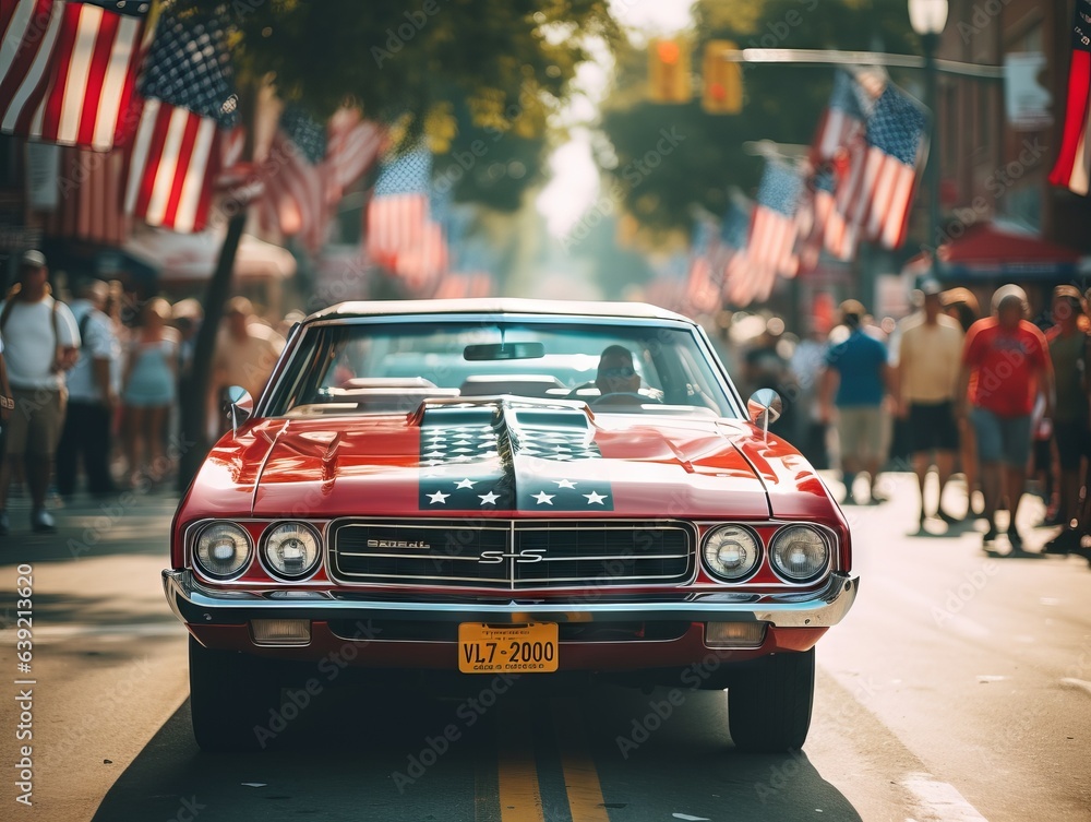 A 1960s car rally showcases vibrant American flags, evoking nostalgia ...