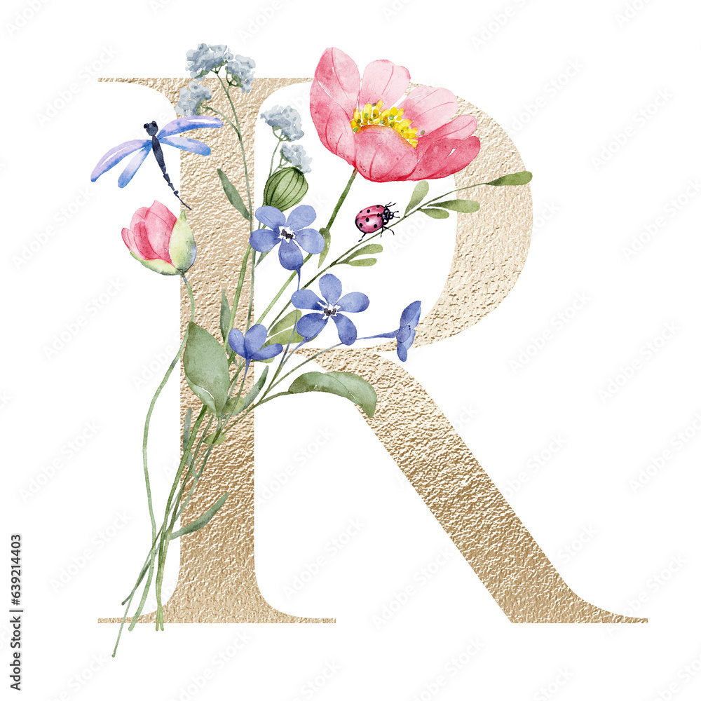 Floral alphabet, letter R with watercolor flowers and leaf. Monogram ...
