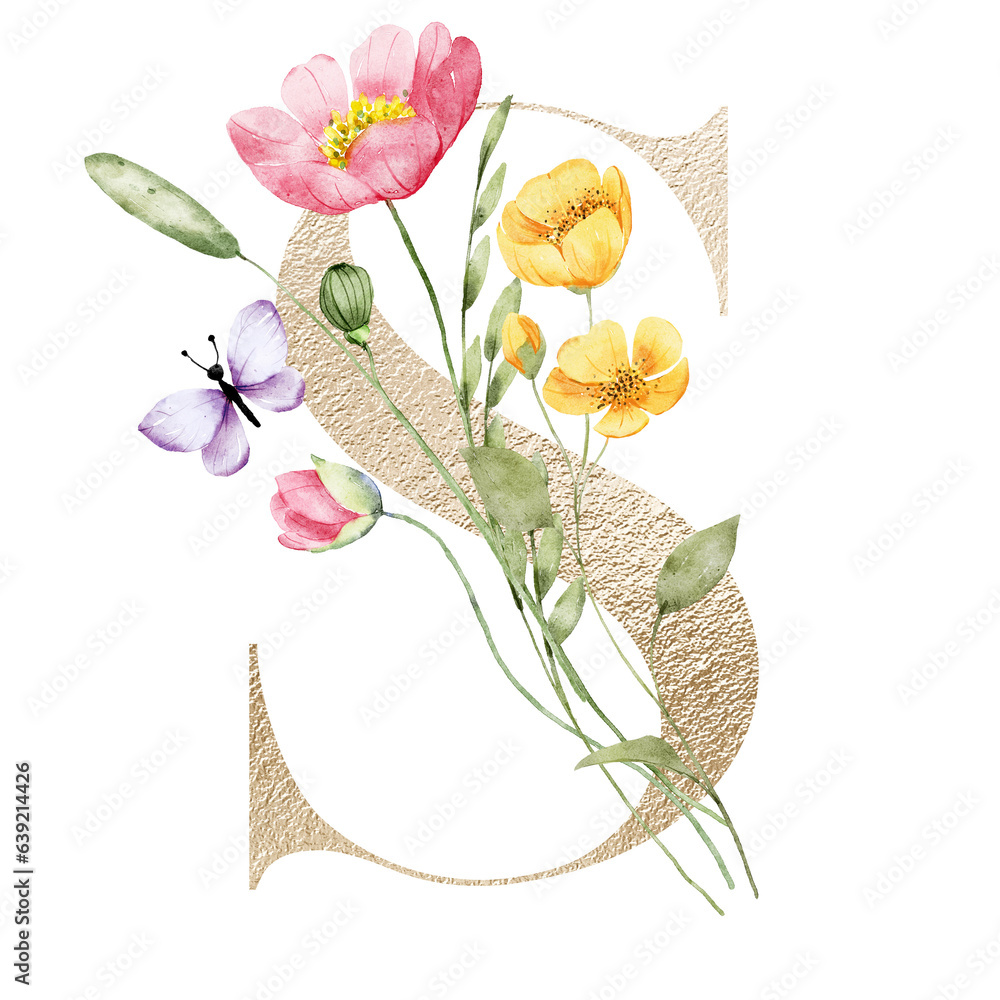 Floral alphabet, letter S with watercolor flowers and leaf. Monogram ...