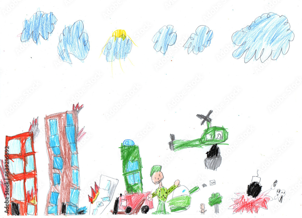 Children drawing of the war. Battlefield, explosions, destruction ...