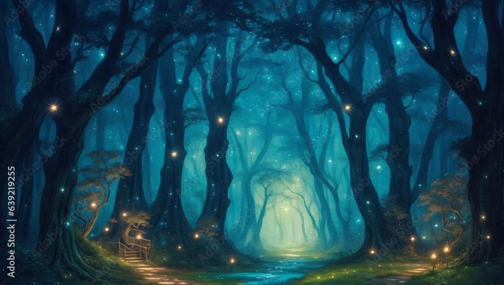 A mystical forest at night, ancient trees with glowing, bioluminescent leaves, a winding path ...