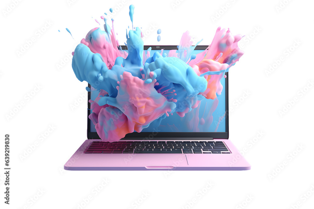 Colorful Laptop with paint splash on screen 3d illustration mock up ...