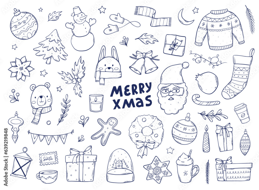 Christmas doodles set, clip art, cartoon elements collection isolated ...