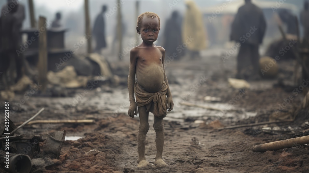 Photo of a malnourished African child in a dirty and deprived ...