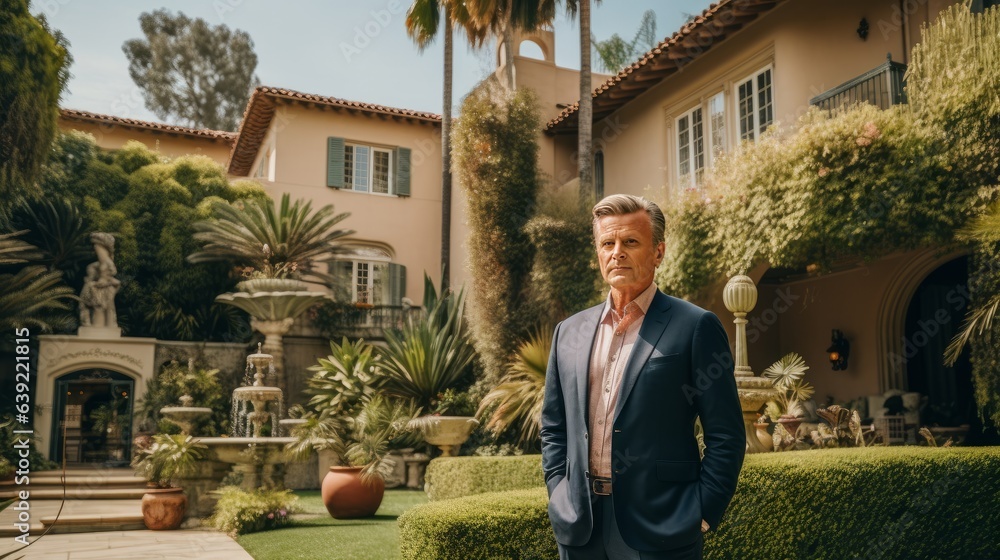 Photo of an affluent middle-aged man in front of her mansion in Beverly ...