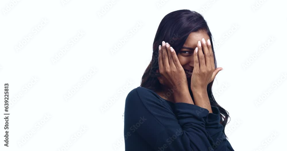 Fear, indian woman and closing face for terror, scary surprise or ...