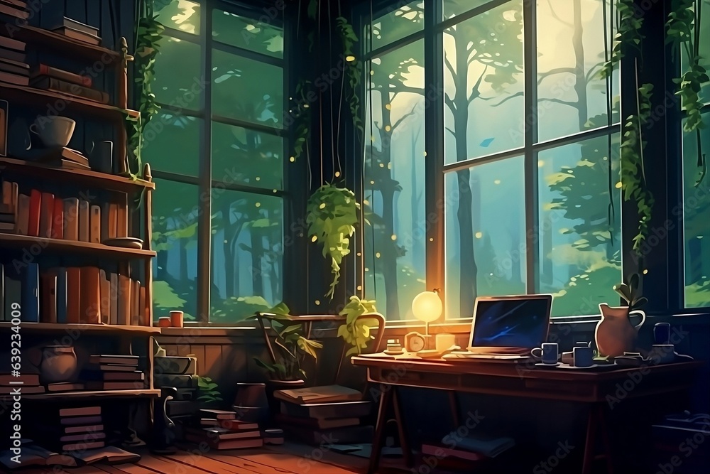 Lofi empty interior. Messy desk, window view of a forest, jungle. Anime ...