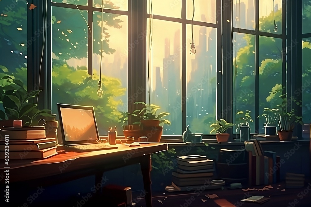 Lofi empty interior. Messy desk, window view of a forest, jungle. Anime ...