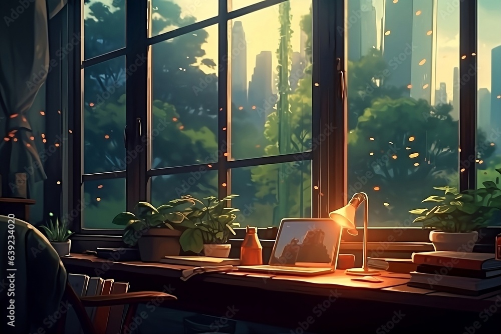 Lofi empty interior. Messy desk, window view of a forest, jungle. Anime ...