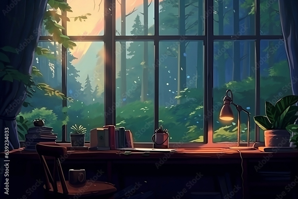 Lofi empty interior. Messy desk, window view of a forest, jungle. Anime ...