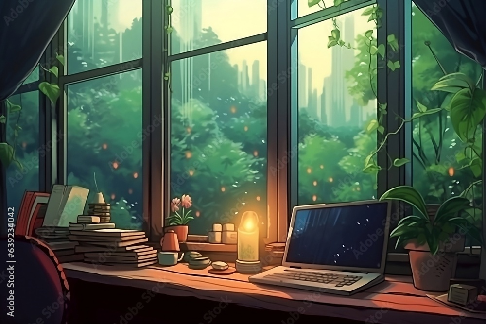 Lofi empty interior. Messy desk, window view of a forest, jungle. Anime ...