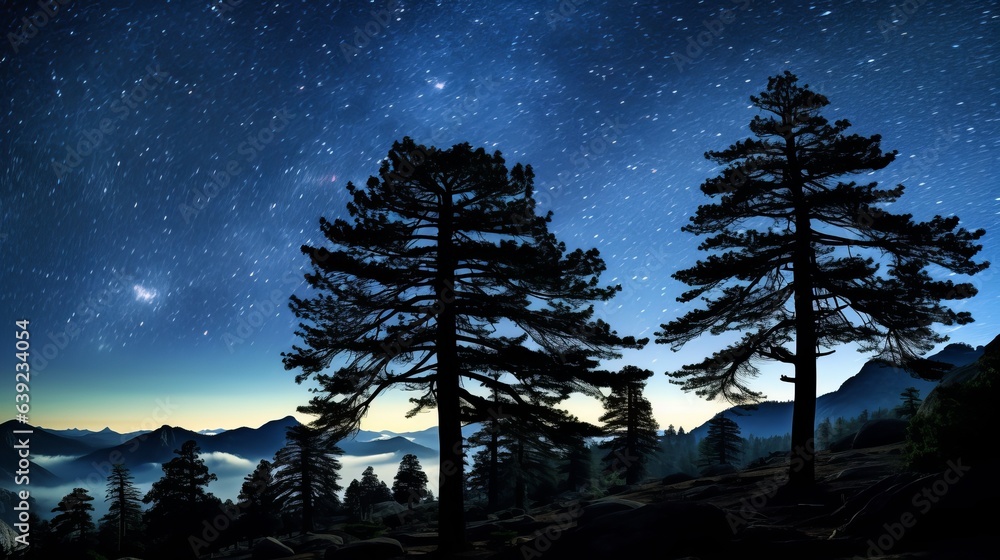 Silhouette of giant evergreen trees in front of the Milky Way at ...