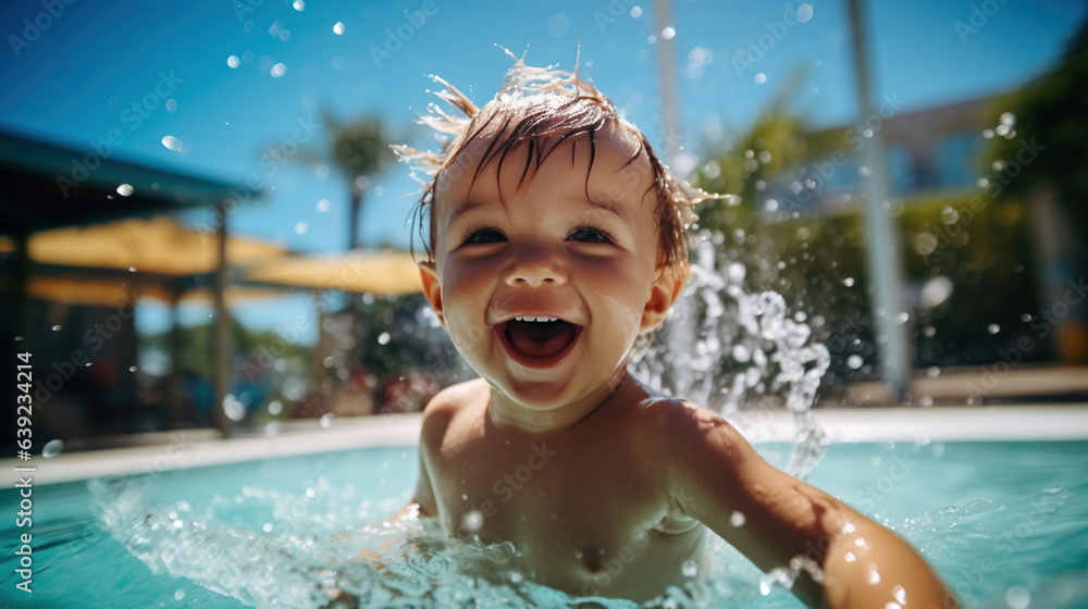 Happy one year old baby splashing and playing in the pool. Smiling and ...