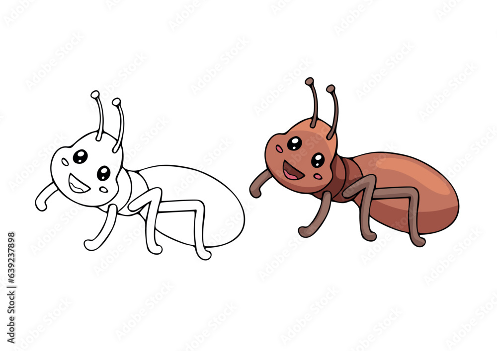 Coloring page with cute cartoon ant. Kids drawing page with insect ...