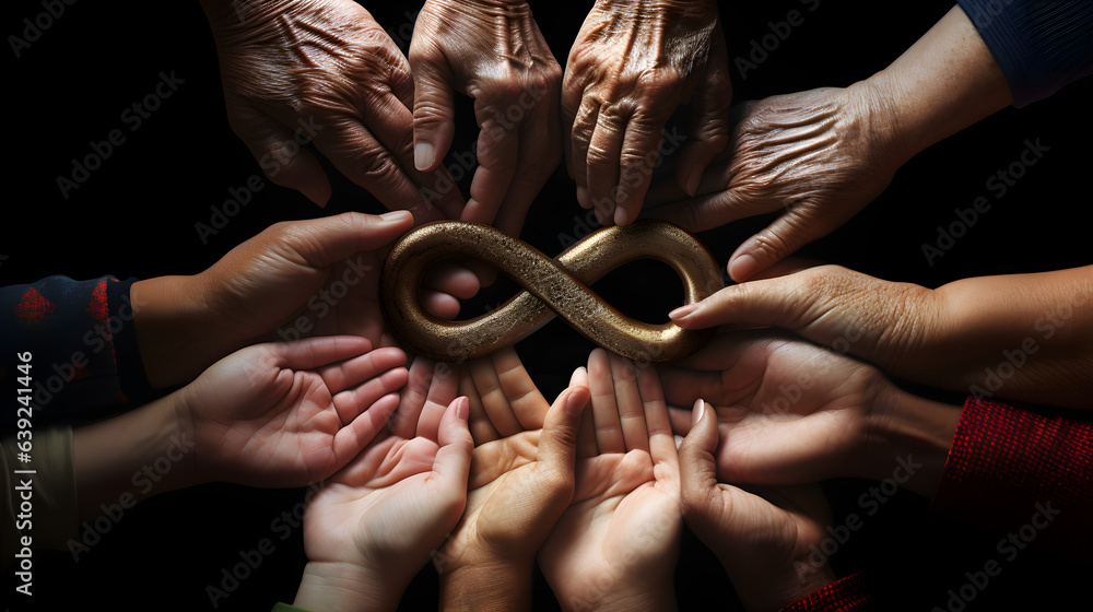 Old hands and young hands delicately touch an infinity symbol, a ...