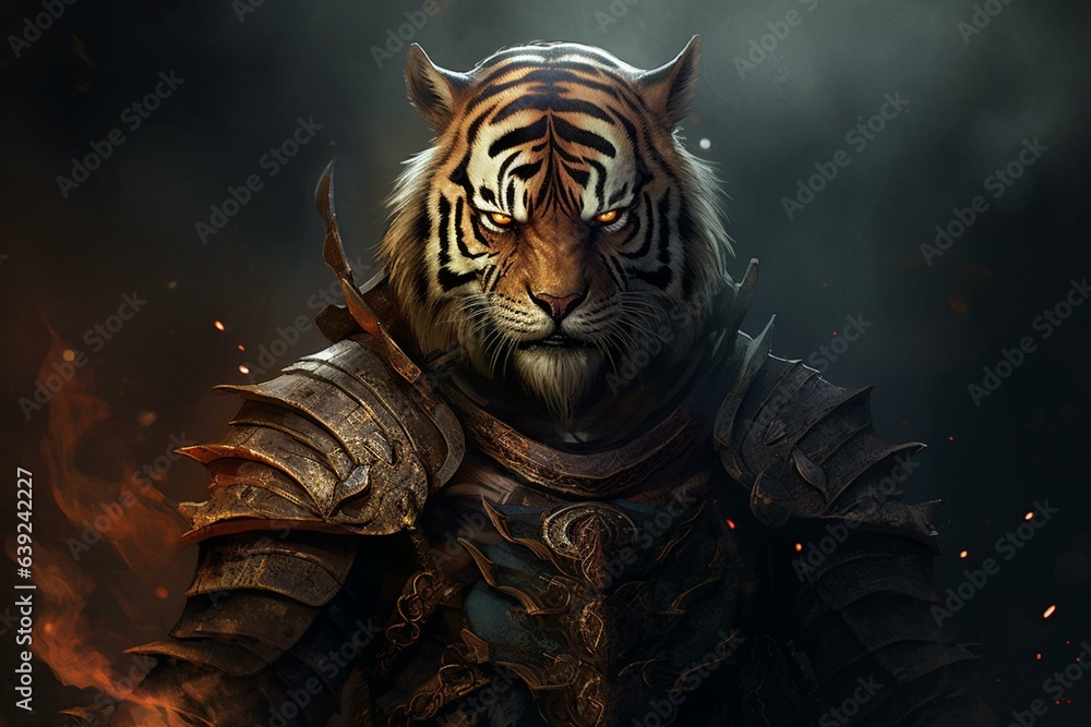 Dark fantasy illustration of a tiger soldier, warrior of the guard, in ...