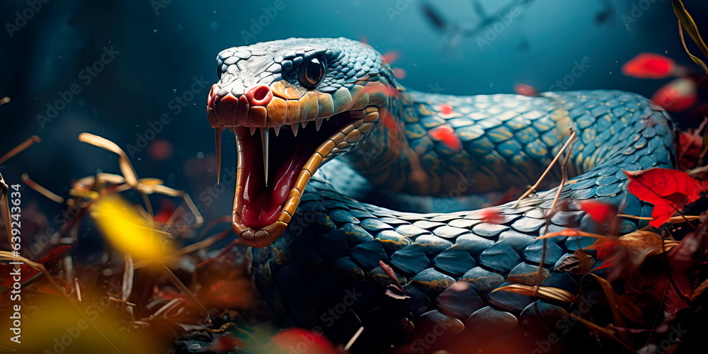 snake, poised with its body coiled, as it lies in wait for a passing ...