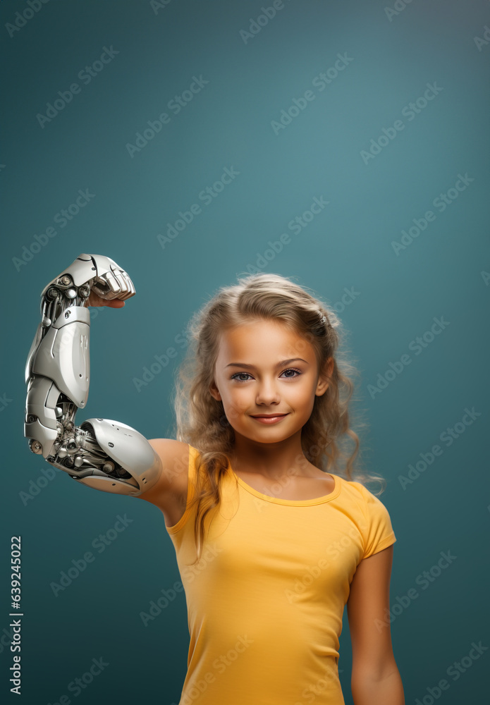 Cute little girl flexing her prosthetic arm , Generative AI illustration Stock Photo | Adobe Stock