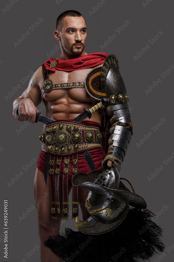 Powerful gladiator with a stylish beard wears lightweight intricate ...