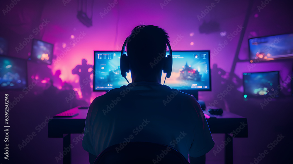 back view silhouette of gamer sitting screen and playing video games ...