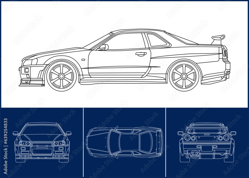 Sport Car template. Transportation outline stroke template. Blueprint ...