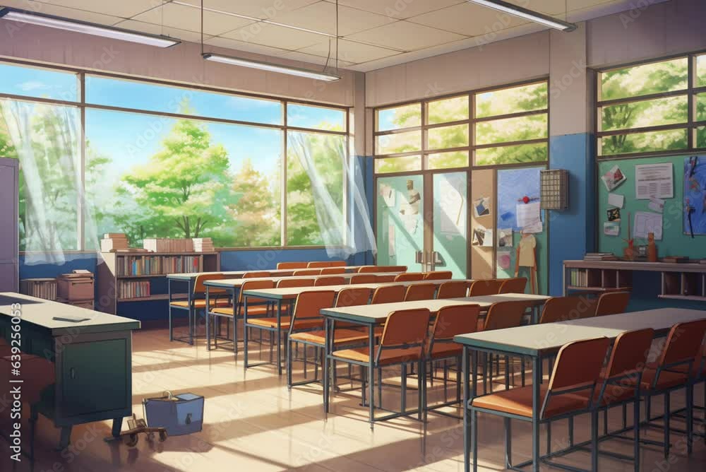 school classroom interior in anime illustration style, 4K animated ...