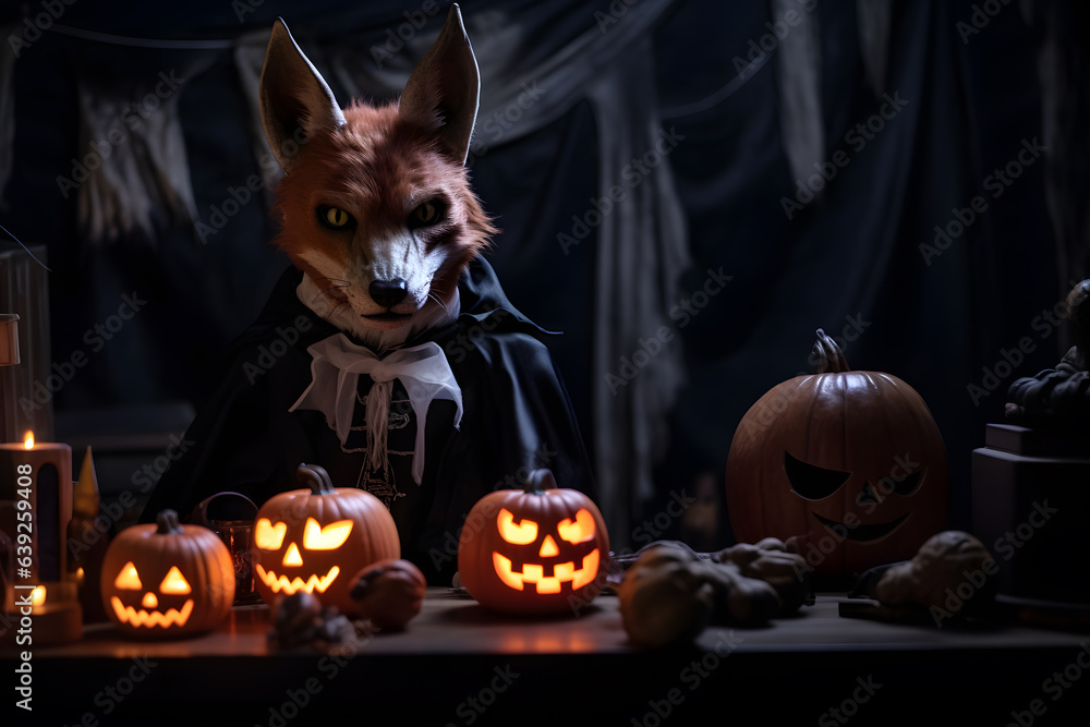 Spooky portrait of a fox in a Halloween setup in studio, dramatic ...