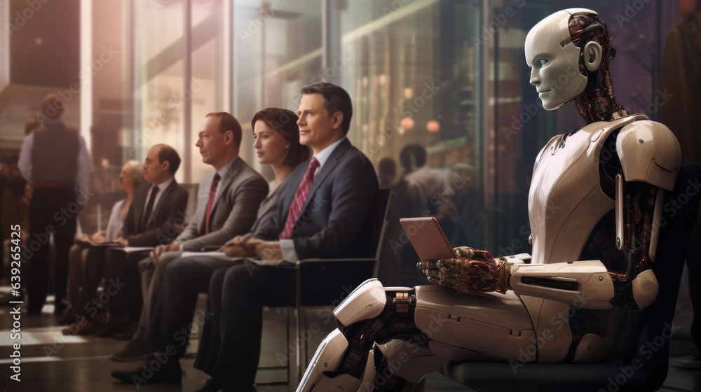 Interview candidates and a humanoid robot sit in line. Created with ...