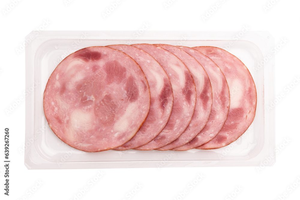 round pieces of ham in plastic packaging on white background with ...