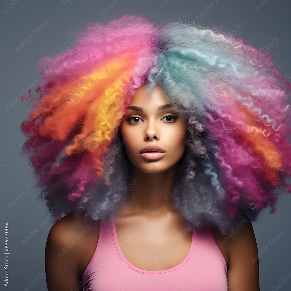 beautiful young girl with long curly hair, brightly colored hair ...