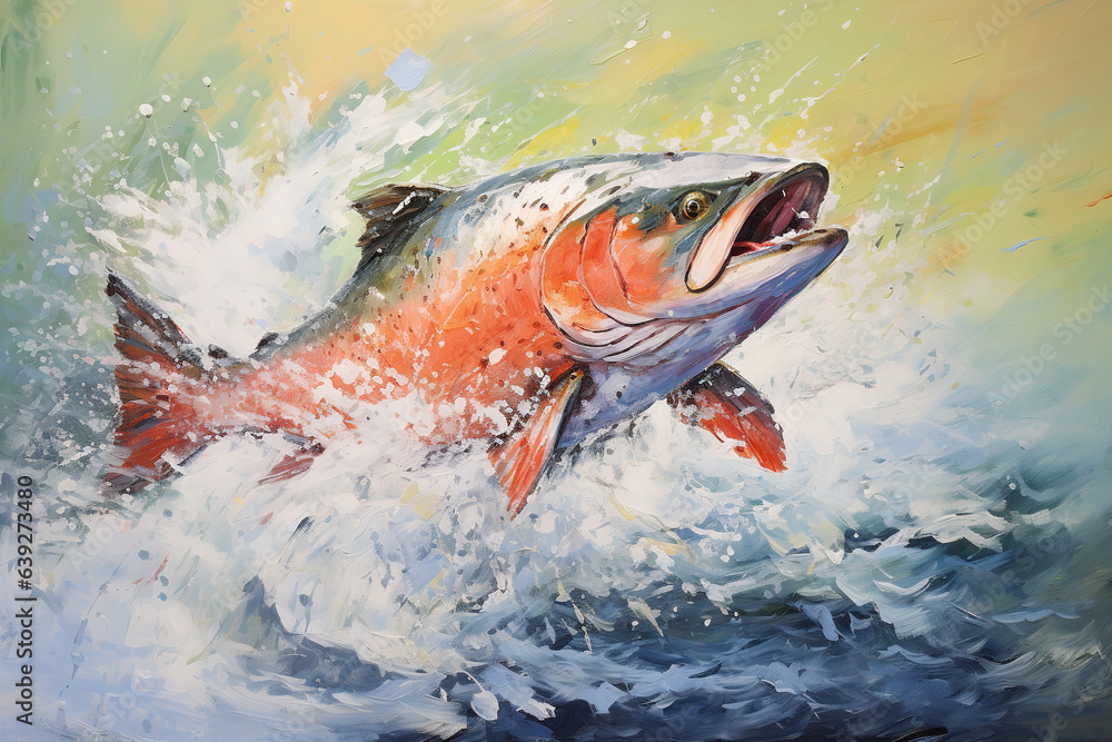 Beautiful painting of coho salmon jumping over water and splashing ...