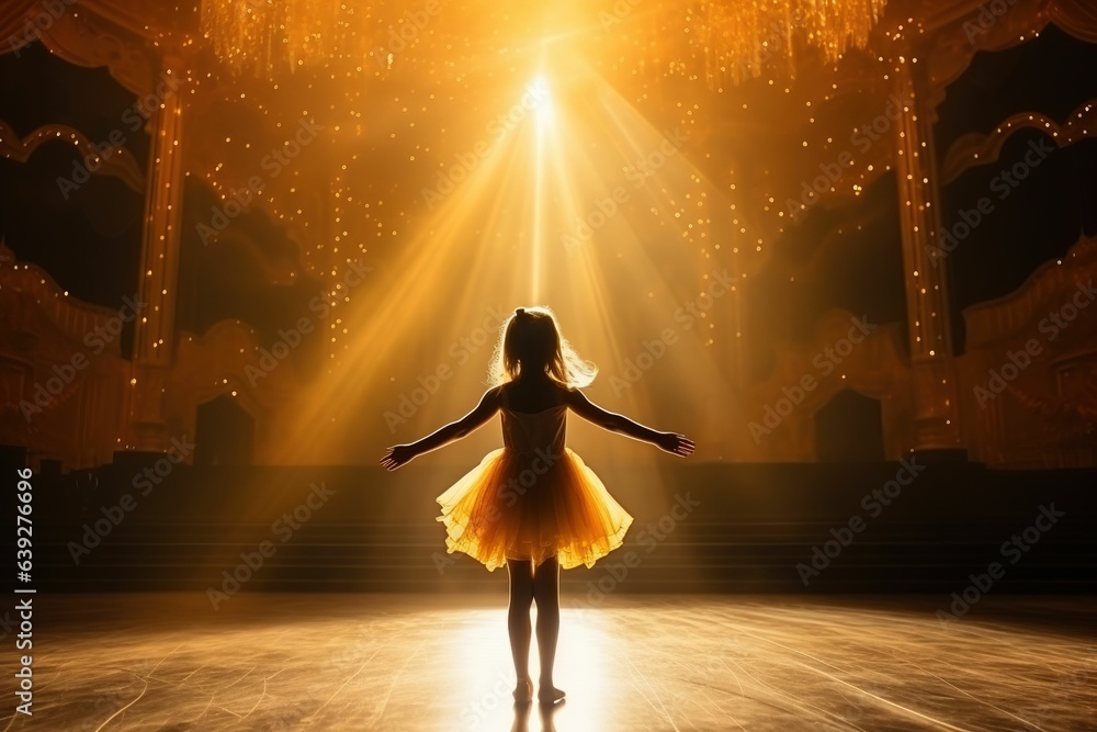 Rear view of little girl dancing ballet under spotlight on stage ...