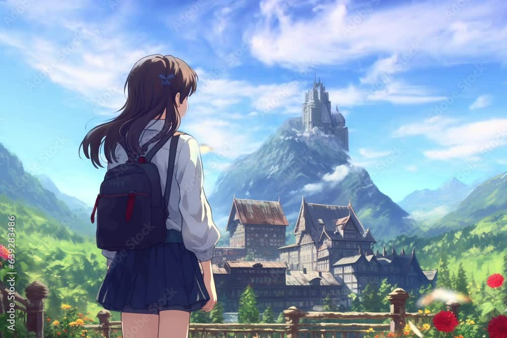 back view of anime woman in japan landscape in anime illustration style ...