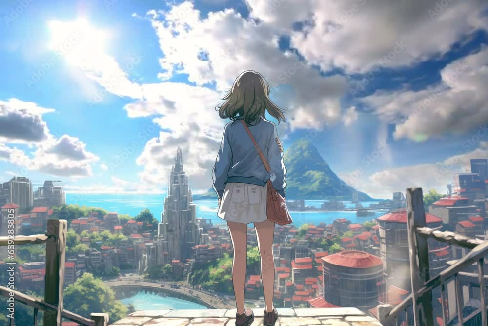 Vidéo Stock back view of anime woman in japan landscape in anime ...