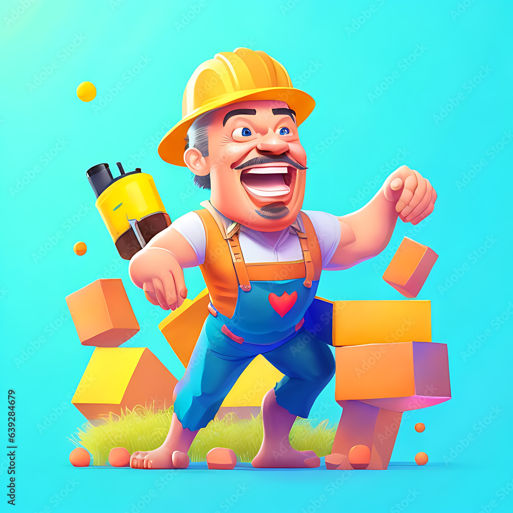 Two-dimensional character of a man in work clothes and a safety helmet ...