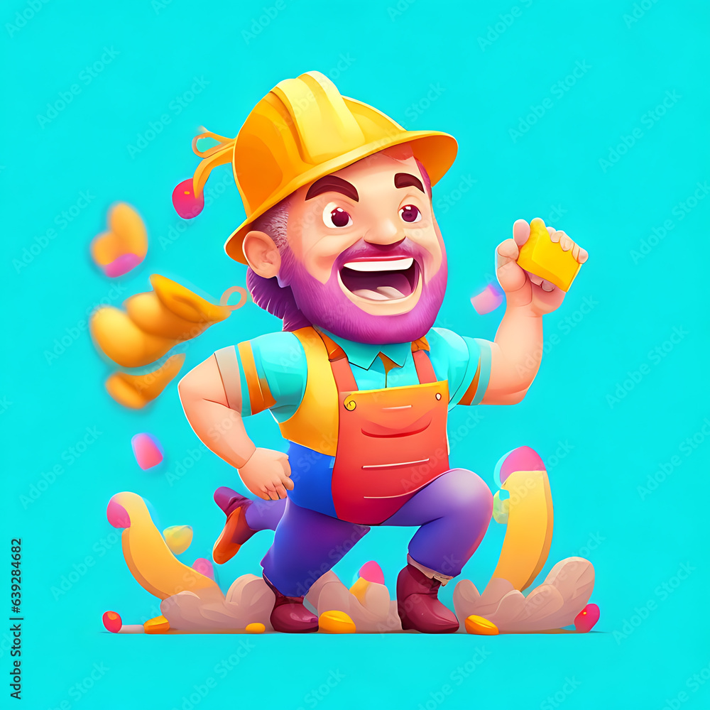 Two-dimensional character of a man in work clothes and a safety helmet ...