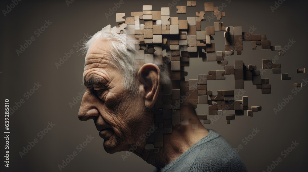 Memory loss due to dementia. Senior man losing parts of head as symbol ...