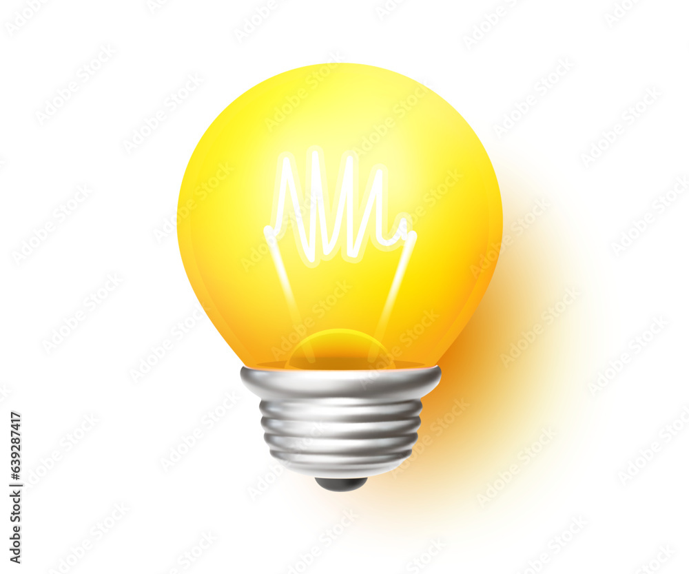 Vector illustration of yellow shine light bulb on white background. 3d ...