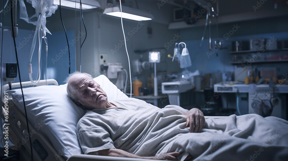 An old, elderly man lying in a hospital bed. Death bed, last moments of ...