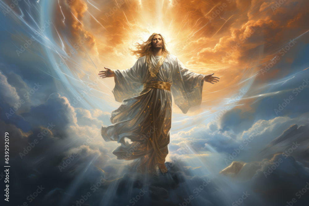 Jesus Christ enveloped in a swirl of luminous clouds, rising towards ...