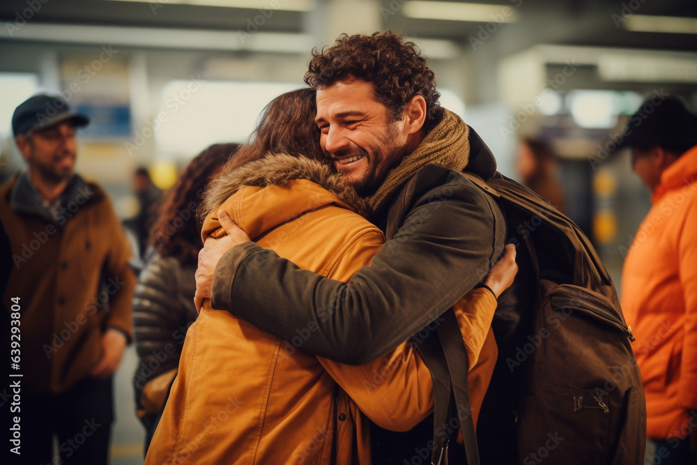 Family embracing and crying during emotional farewell at airport. Nomad ...